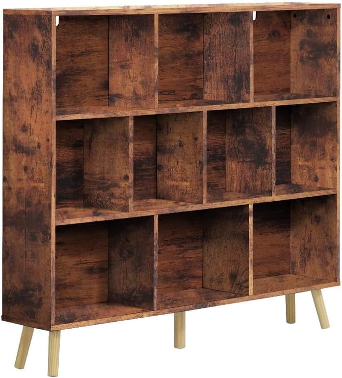 Fencer Wire 48 Inch 10 Cube Bookshelf, 3 Tier Mid Century Modern Bookcase, Free Standing Display ...