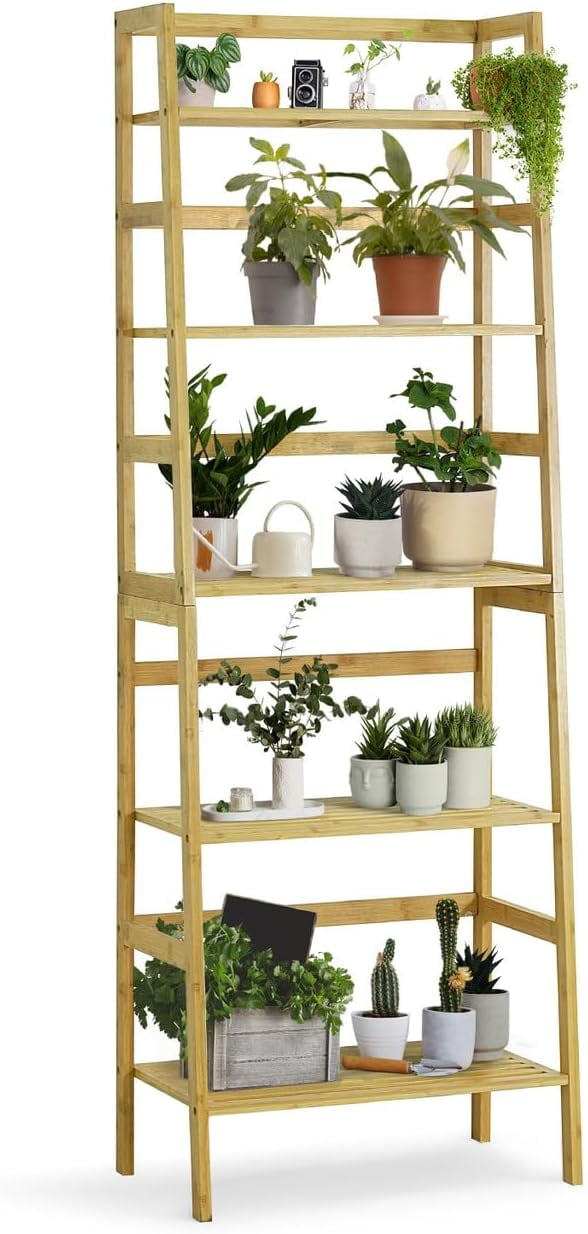 Fencer Wire 5-Tier Bamboo Ladder Shelf, Bamboo Open Storage Ladder ...