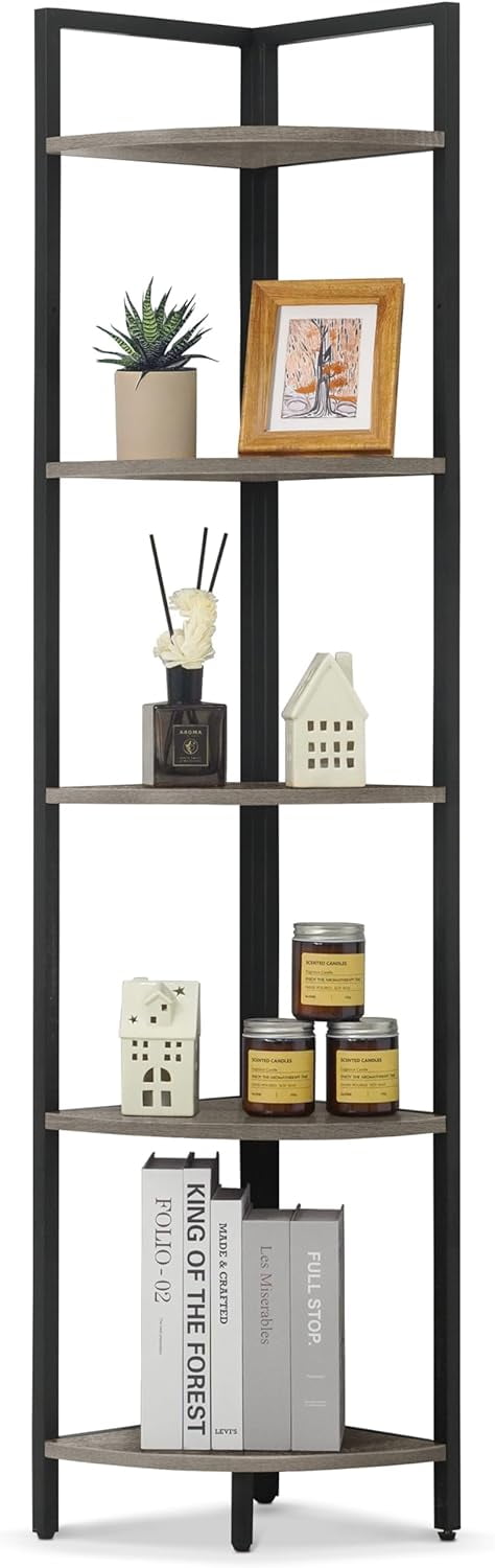 Fencer Wire Corner Bookshelf, 5 Tier Dark Grey Corner Shelf, 59.1-Inch ...