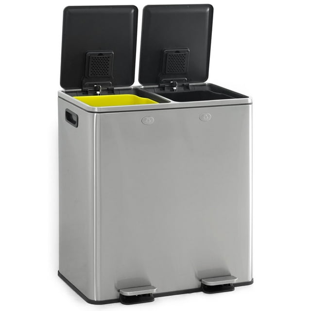 Fencer Wire Dual Trash Can with Double Lid, Trash and Recycle Bins Combo, Hands-Free Stainless ...