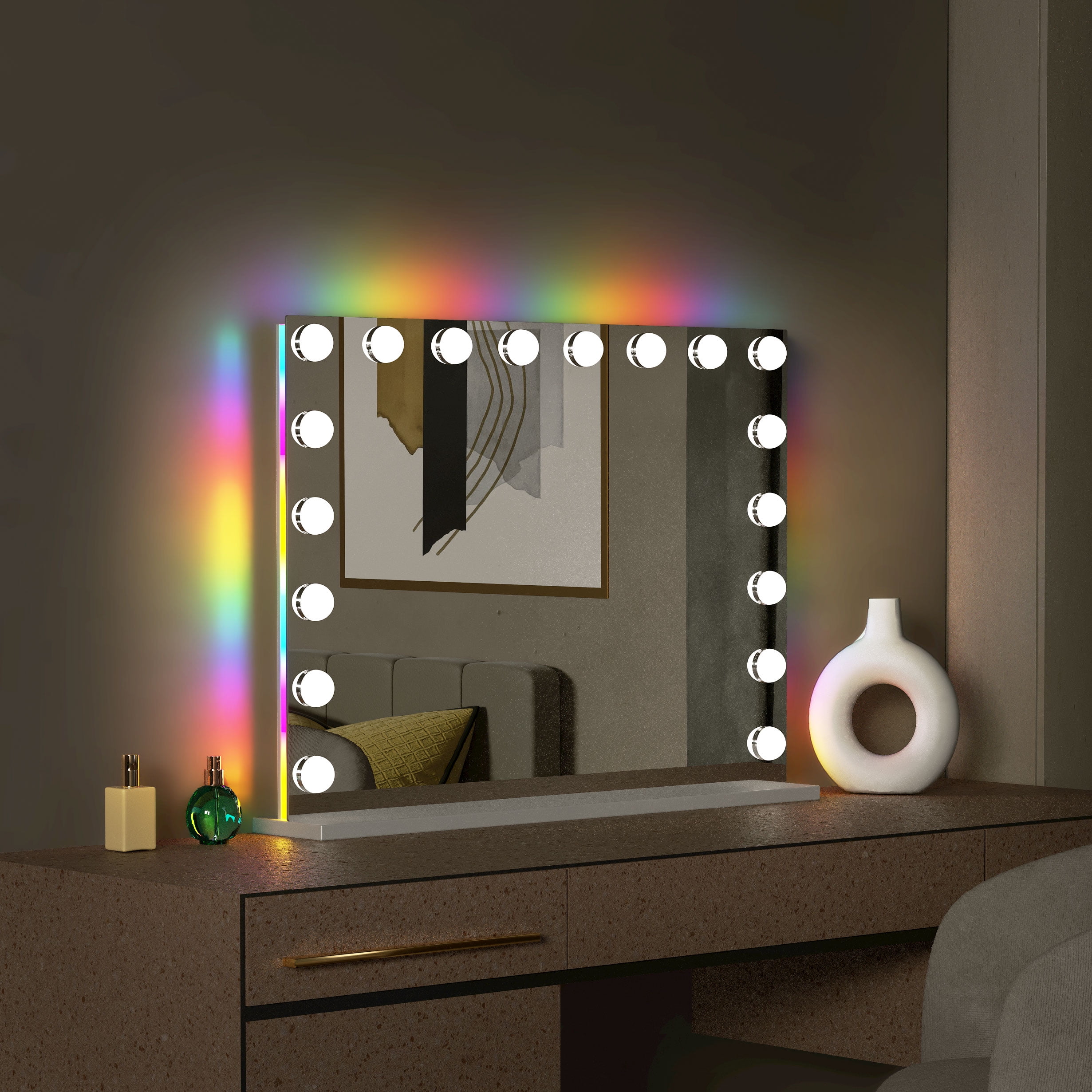 Fenchilin RGB LED Vanity Mirror with Lights Tabletop Wall Mount White ...