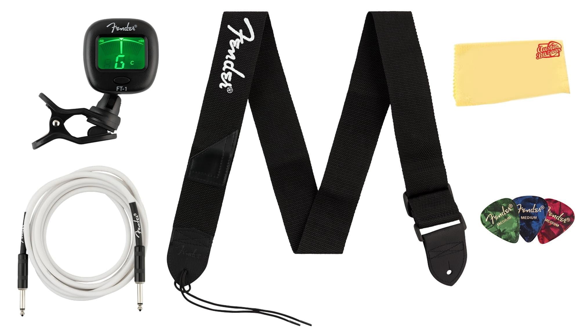 Fender Accessory Essentials Pack Bundle with Instrument Cable, Clip-On ...