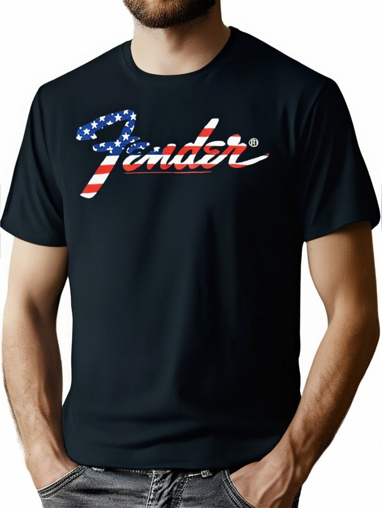 Fender American Flag Fill Logo Men'S round neck short sleeve T-shirt ...