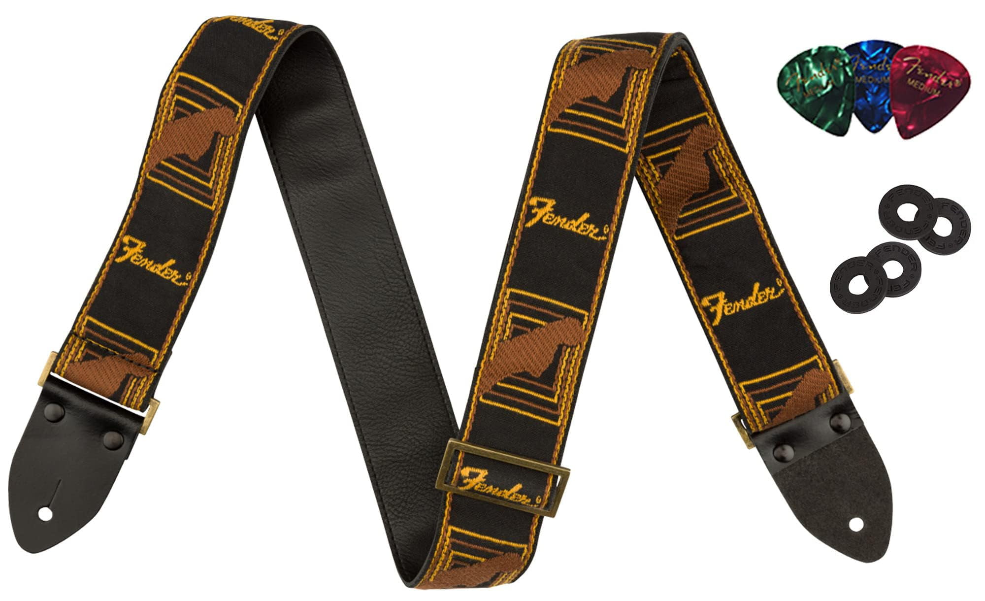 Fender Monogrammed Guitar Strap - Yellow and Brown w/ Strap Blocks ...