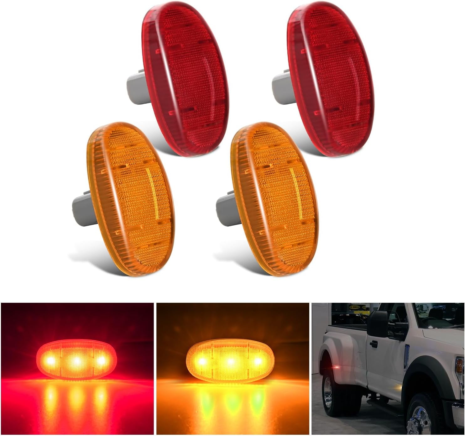 Fender Side Marker Lights 4 PCS 3 LED Red Amber Front Rear Clearance ...