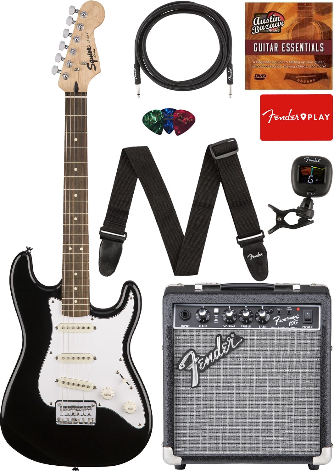 Fender Squier Short Scale 24-Inch Strat Pack - Black w/ Tuner - Walmart.com