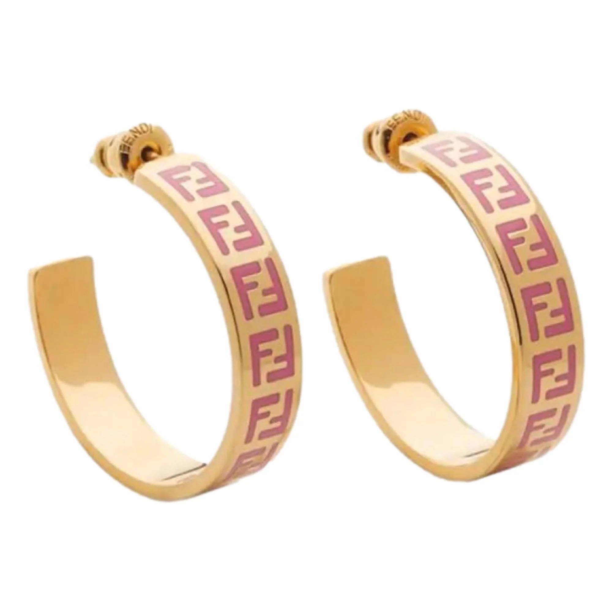 Fendi FF Print Pink and Gold Finish Metal Hoop Fashion Earrings ...