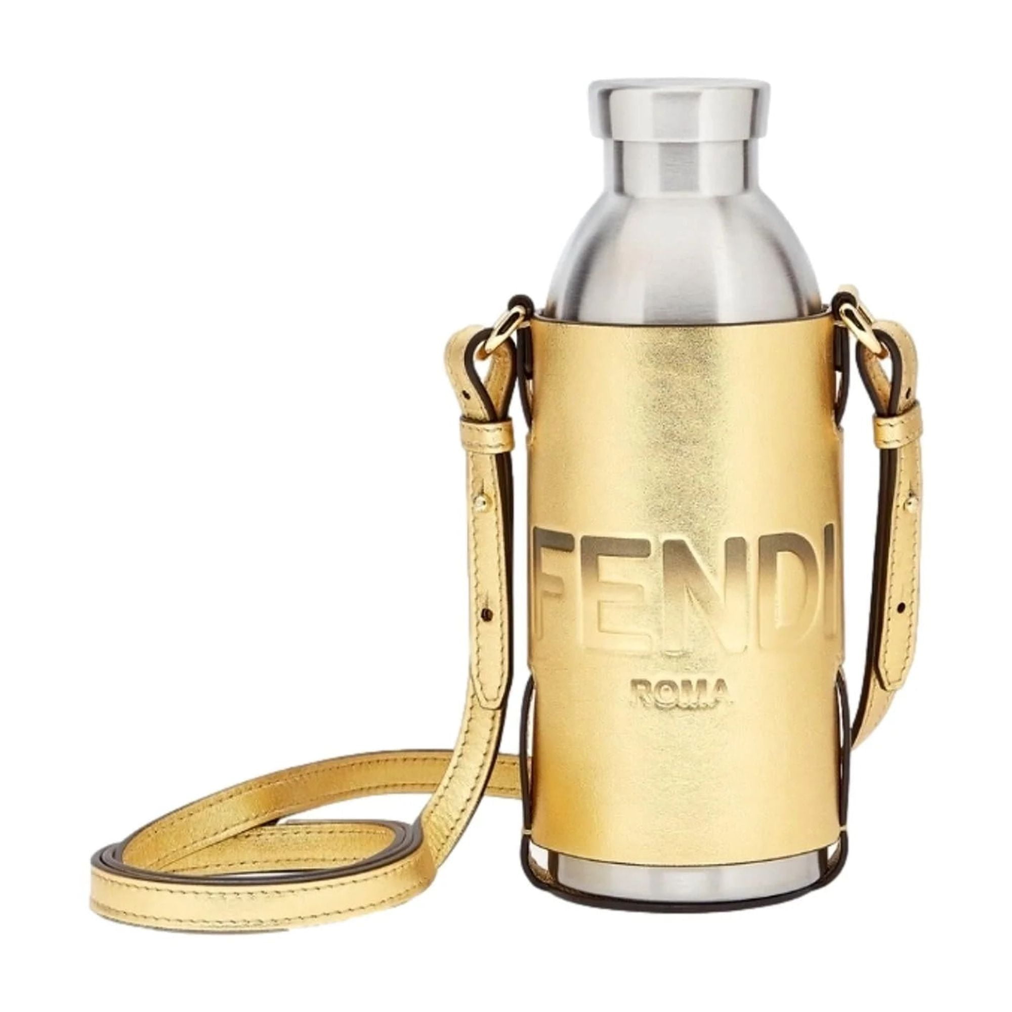 Fendi Roma Logo Steel Bottle and Gold Leather Holder Set 7AR972 ...