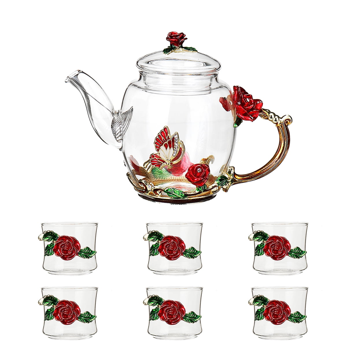Feng Creative 7-Piece Flower Glass Teapot and Cup Set - Rose Blue Lead ...
