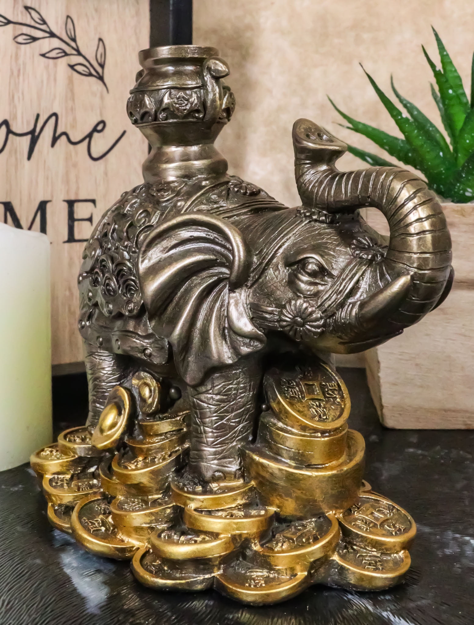 Feng Shui Auspicious Elephant With Trunk Up Standing On Gold Ingot ...