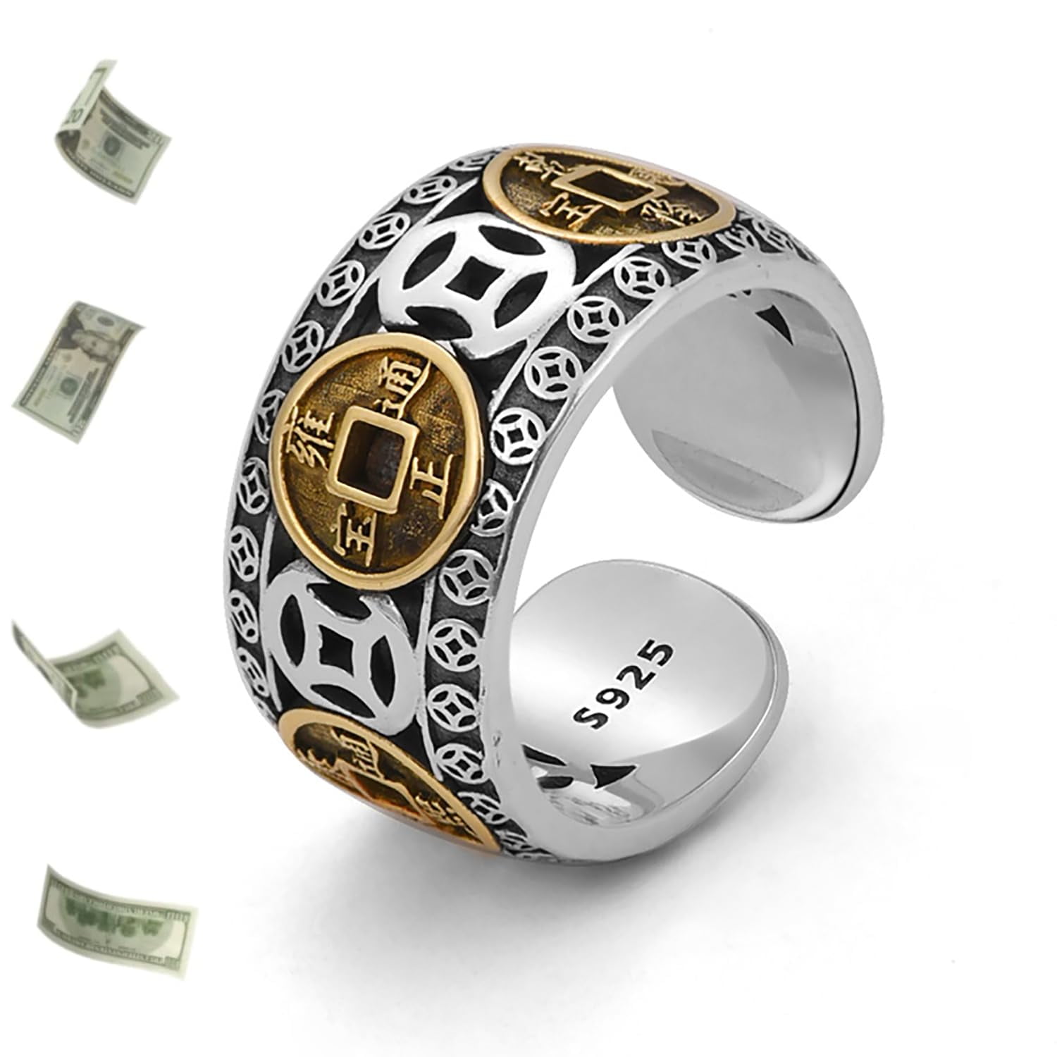 Feng Shui Coin Rings, 925 Sterling Silver Five Emperors Coins Lucky ...