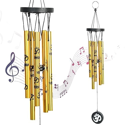 Feng Shui Metal Wind Chime with Om Design - 5-Pipe Golden Hanging Bells ...
