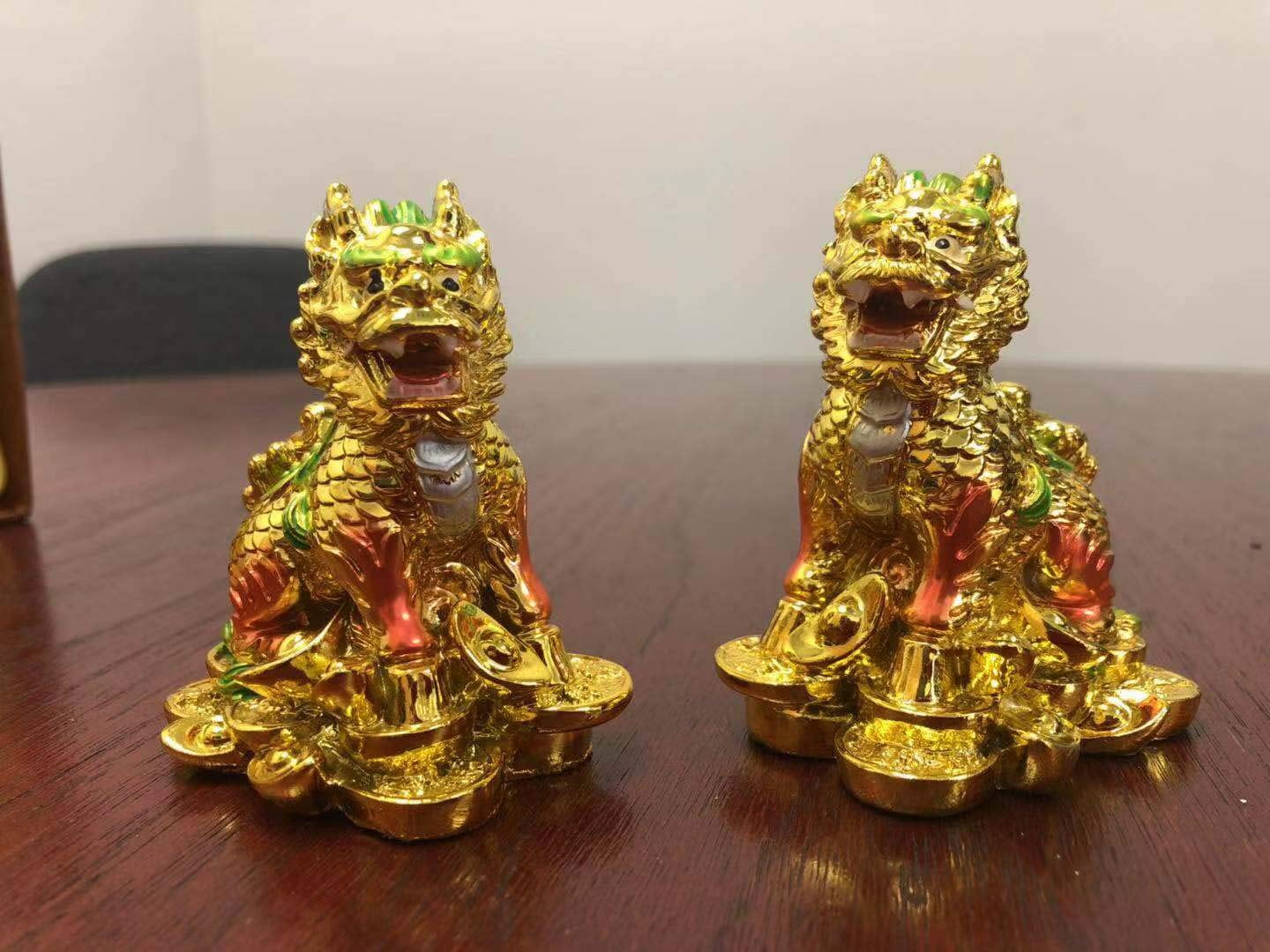 Feng Shui Pair of Gold Elegant Chi Lin Dragon Horse on Gold Coins麒麟 ...