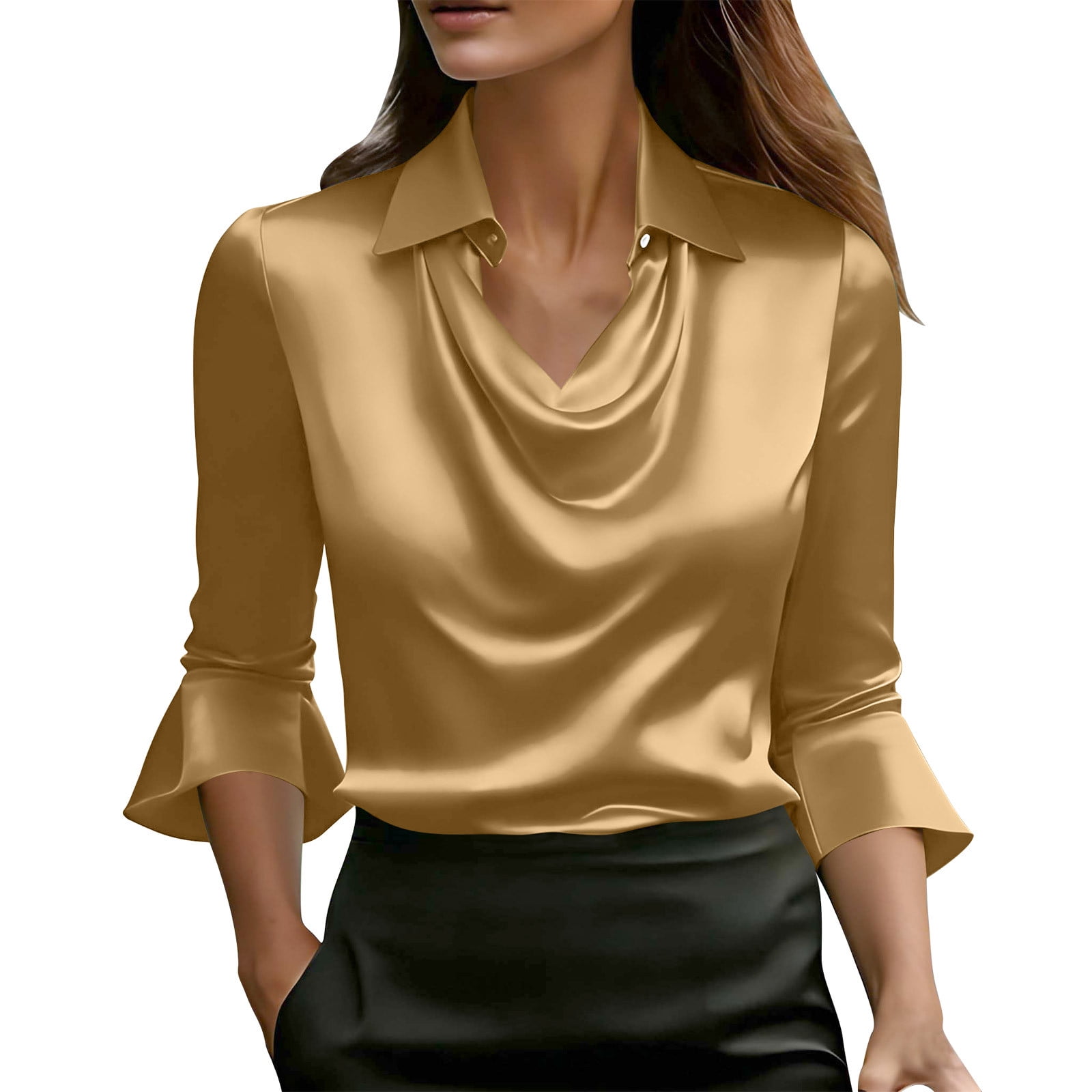 Fengactive 3/4 Sleeve Cowl Neck Satin Blouse for Women Dressy Loose ...