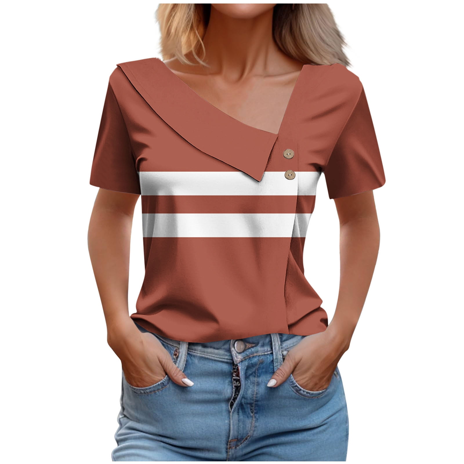 Fengactive Asymmetric V Neck Shirt for Women Color Block Buttons Short ...