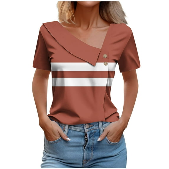 Fengactive Asymmetric V Neck Shirt for Women Color Block Buttons Short ...