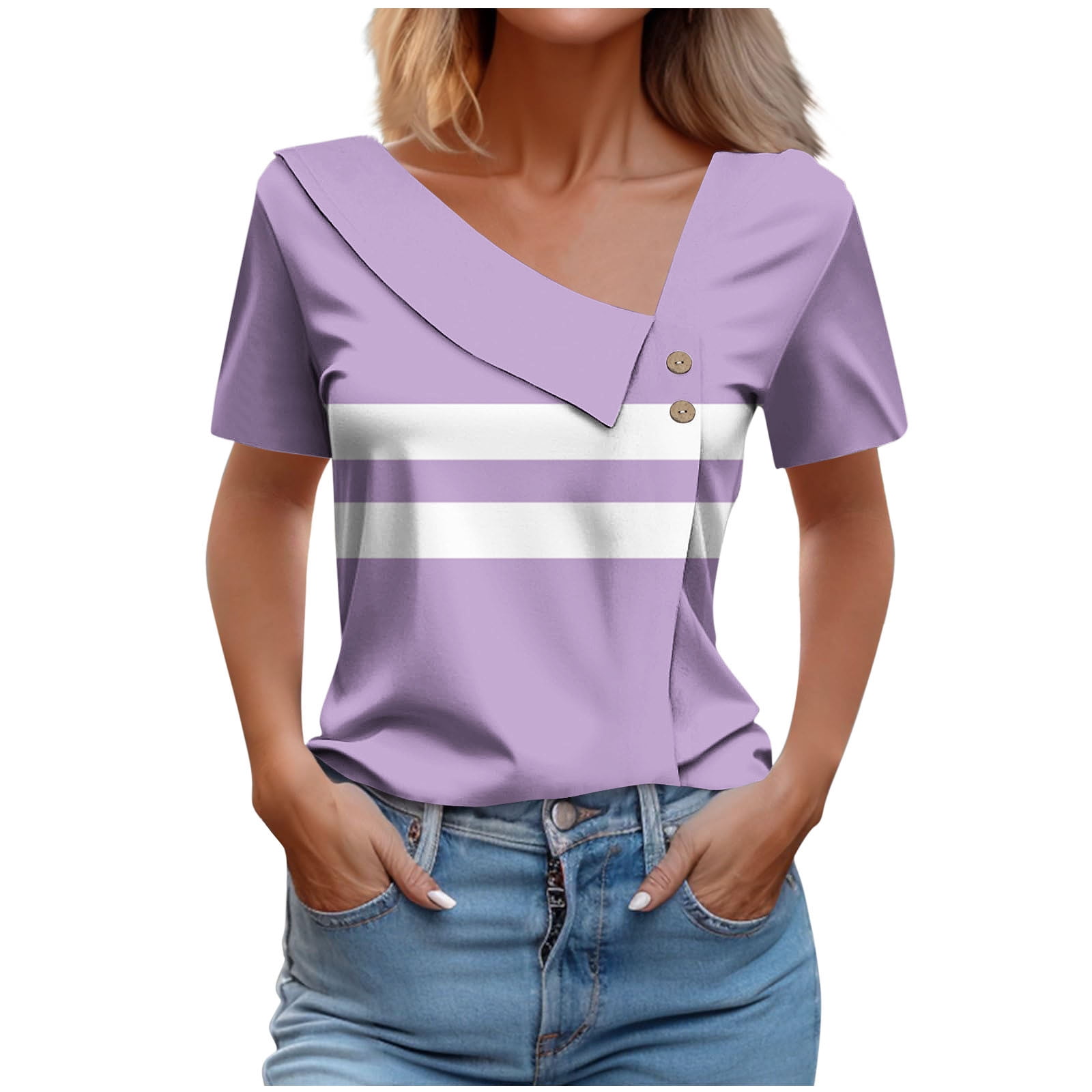 Fengactive Asymmetric V Neck Shirt for Women Color Block Buttons Short ...