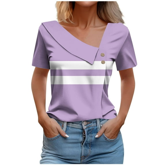 Fengactive Asymmetric V Neck Shirt for Women Color Block Buttons Short ...