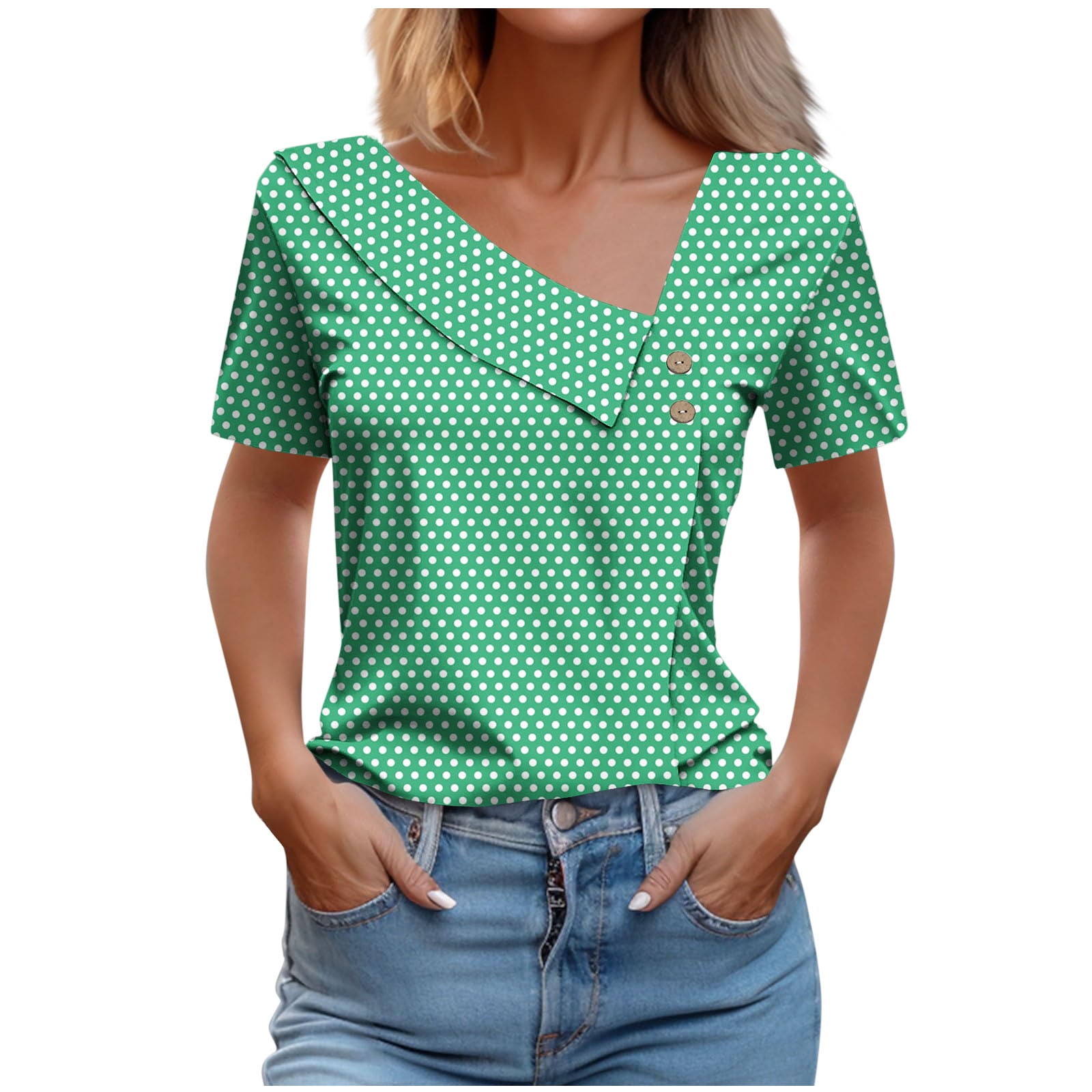 Fengactive Asymmetric V Neck Shirt for Women Color Block Buttons Short ...