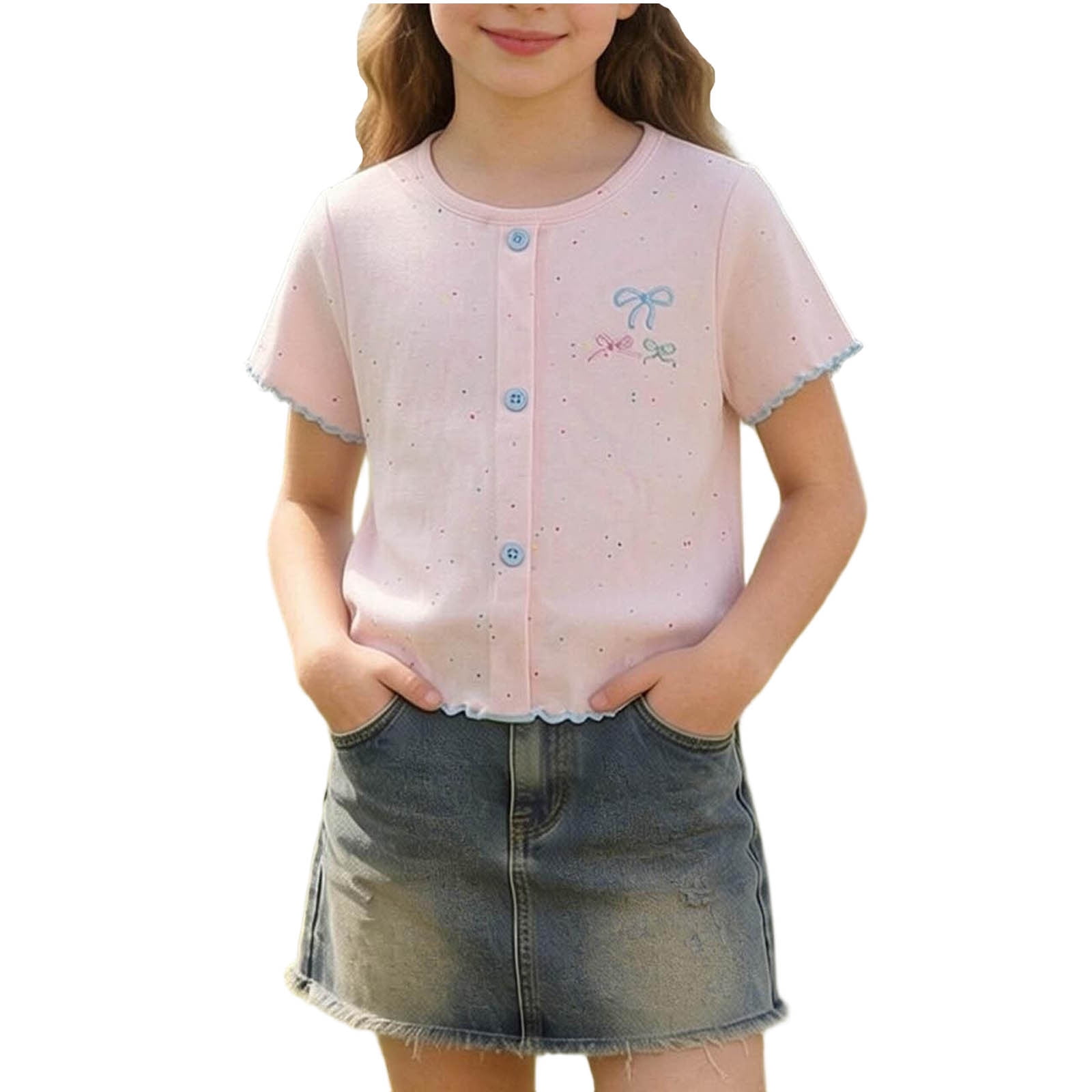 Fengactive Girls Bow Embroidery Scalloped Edge Crew Neck T‑Shirt ...
