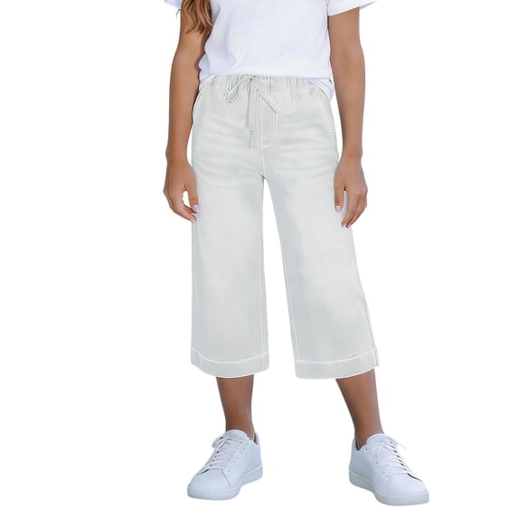 Fengactive Girls Kids Elastic Waist Wide Leg Denim Capri Pants With ...