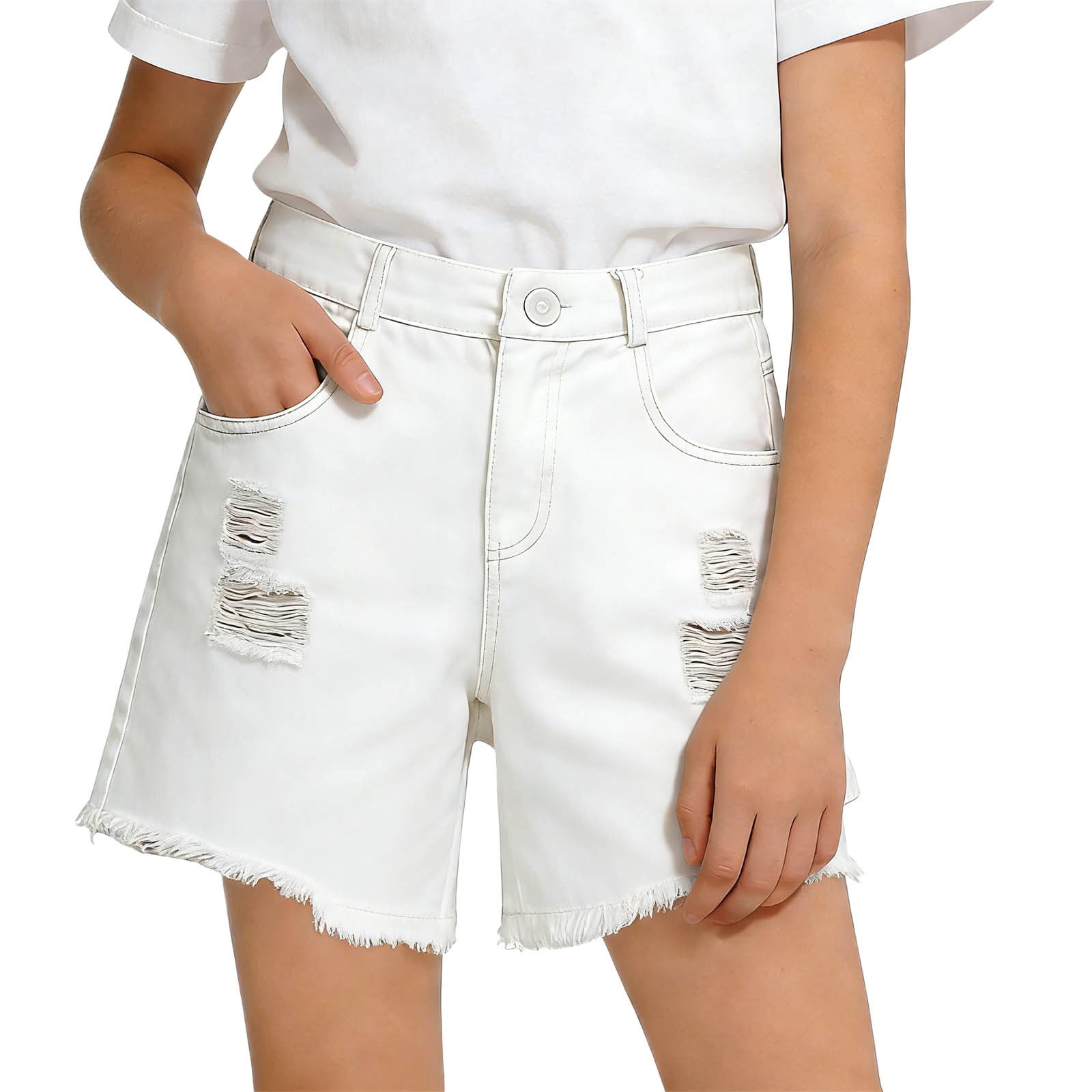 Fengactive Girls Vintage Denim Shorts High Waist Ripped Design Frayed ...