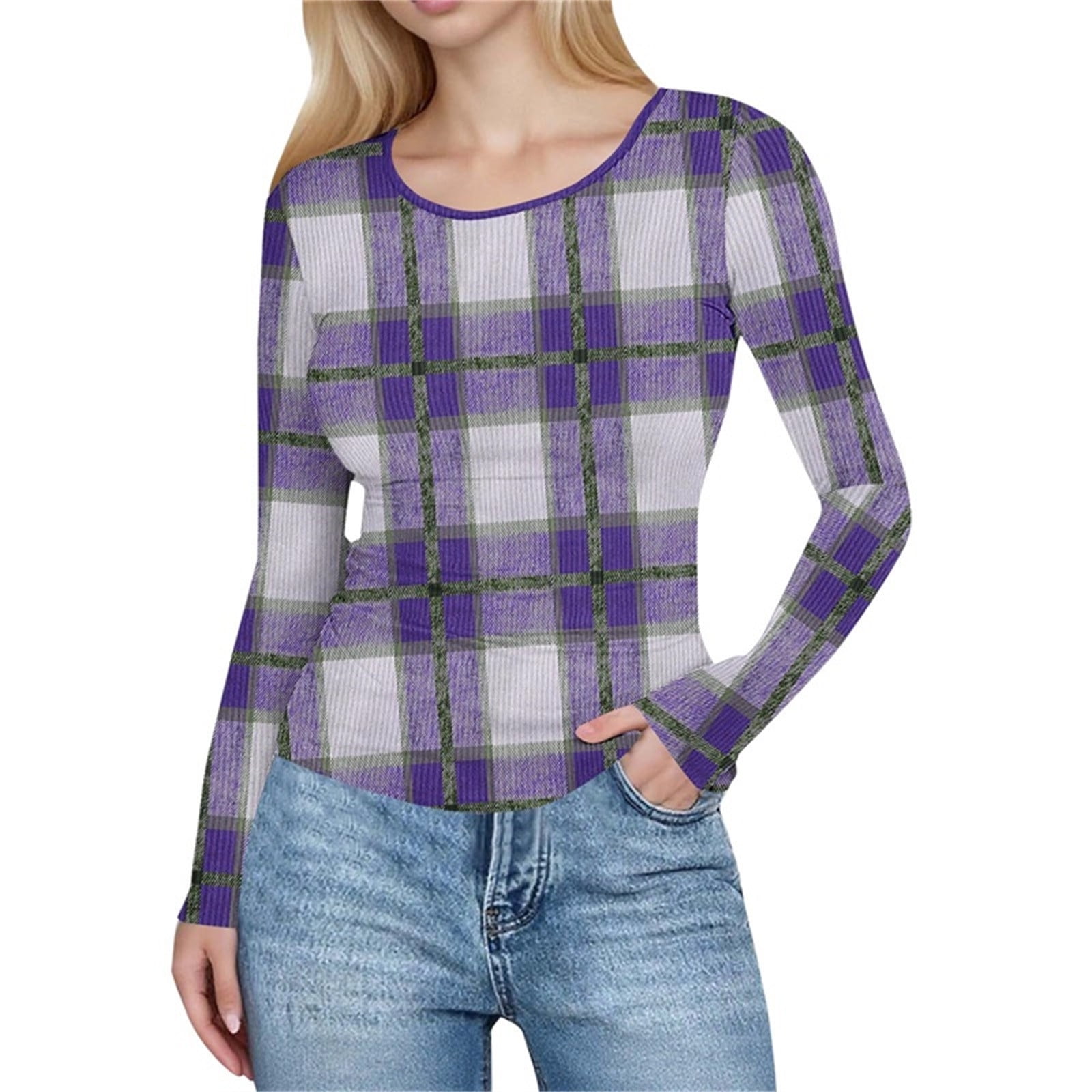 Fengactive Long Sleeve Shirts for Women Color Block Plaid Tops Casual ...