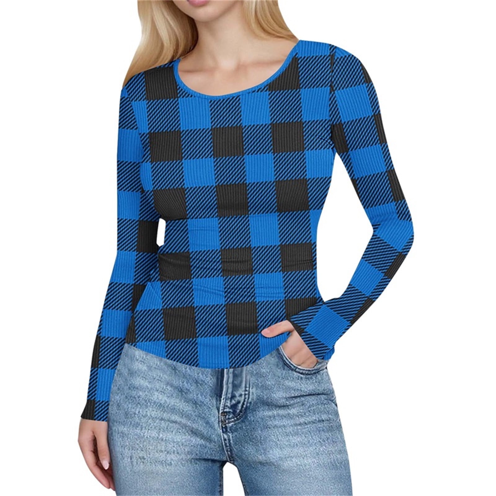 Fengactive Long Sleeve Shirts for Women Color Block Plaid Tops Casual ...
