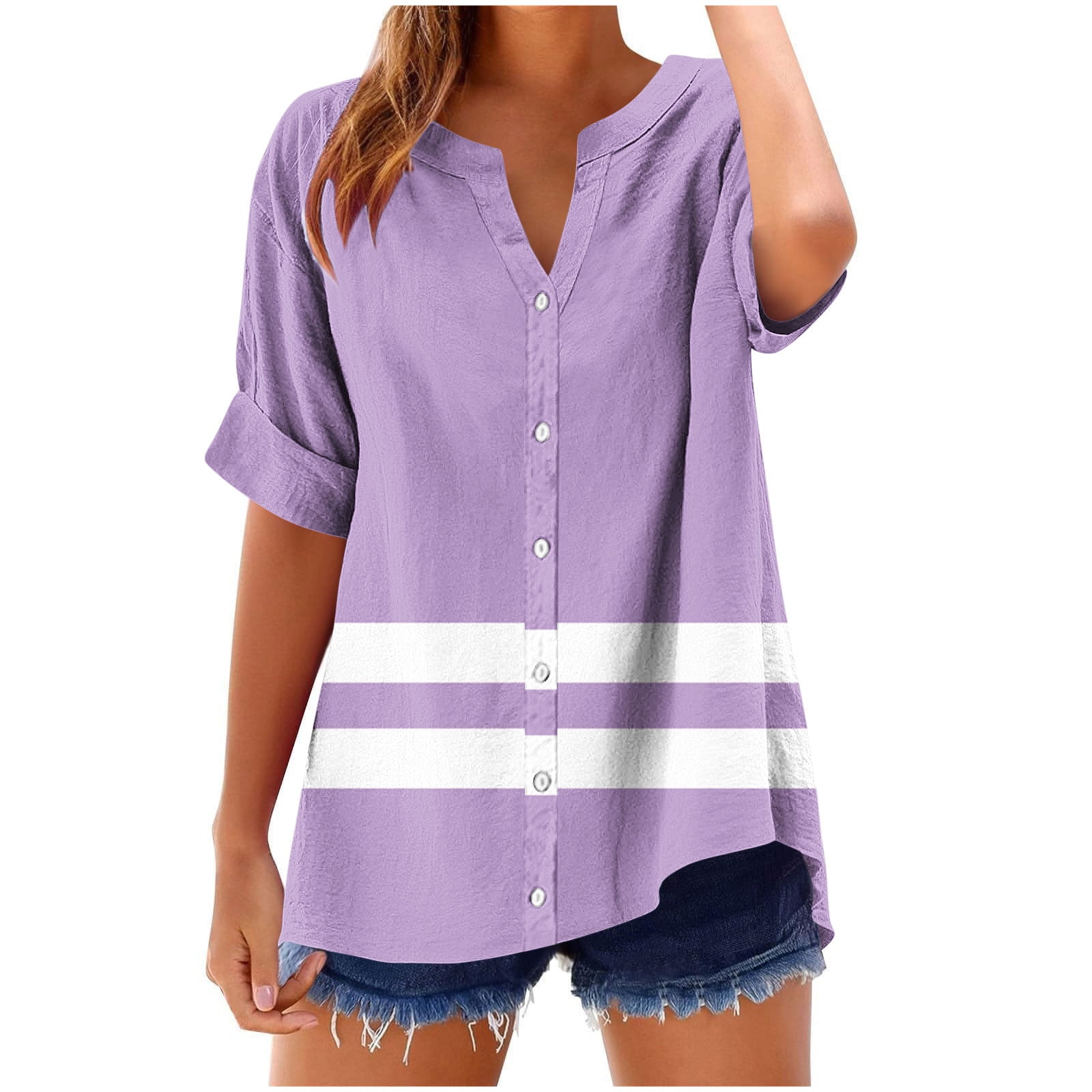 Fengactive Plus Size Short Sleeve V Neck Tops for Women Trendy Button ...