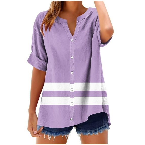 Fengactive Plus Size Short Sleeve V Neck Tops for Women Trendy Button ...