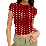 Fengactive Polka Dots Tight T-Shirt for Women Slim Fit Crewneck Short ...