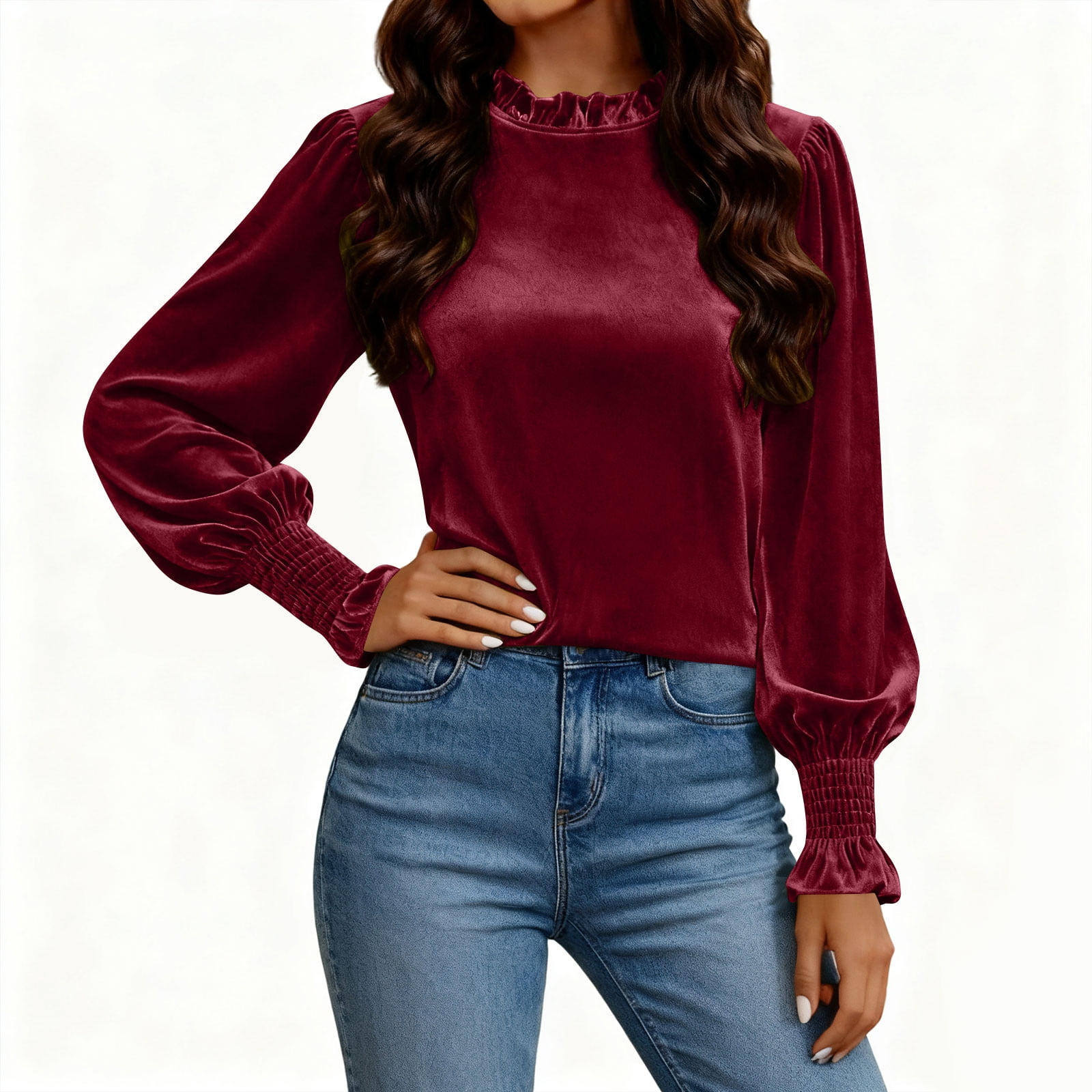 Fengactive Puff Long Sleeve Shirts for Women Tops Dressy Casual Frill ...