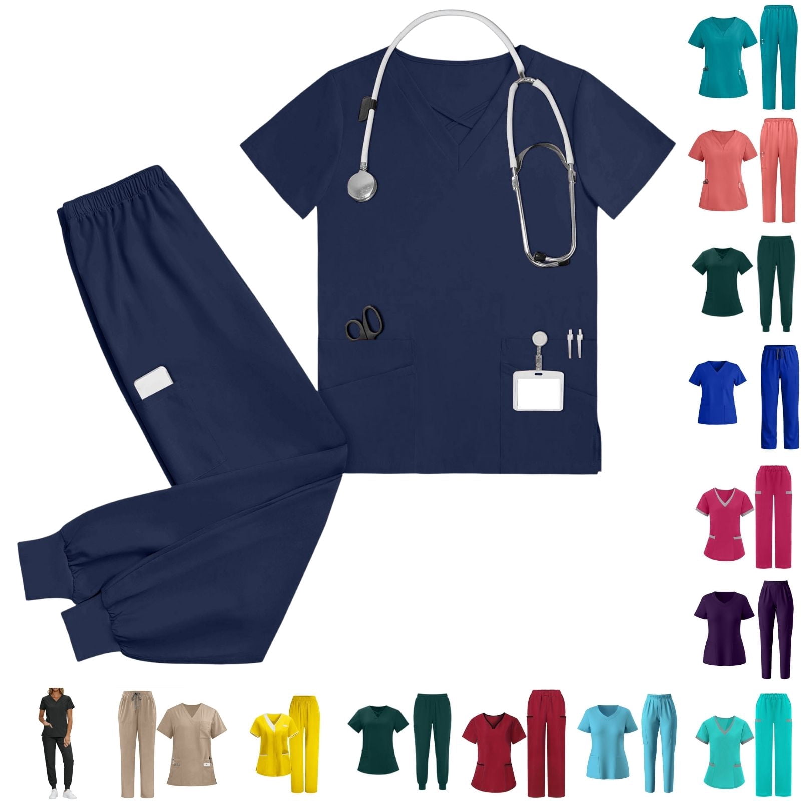 Fengactive Scrubs For Women Set V-Neck Top & Pants Medical Scrubs Nurse ...