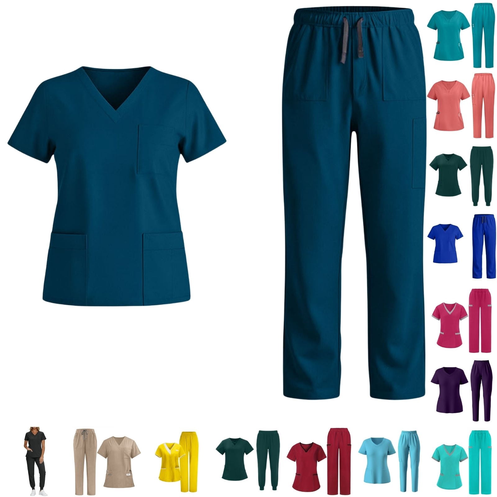 Fengactive Scrubs For Women Set V-Neck Top & Pants Medical Scrubs Nurse ...