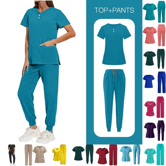Fengactive Scrubs For Women Set V-Neck Top & Pants Medical Scrubs Nurse ...