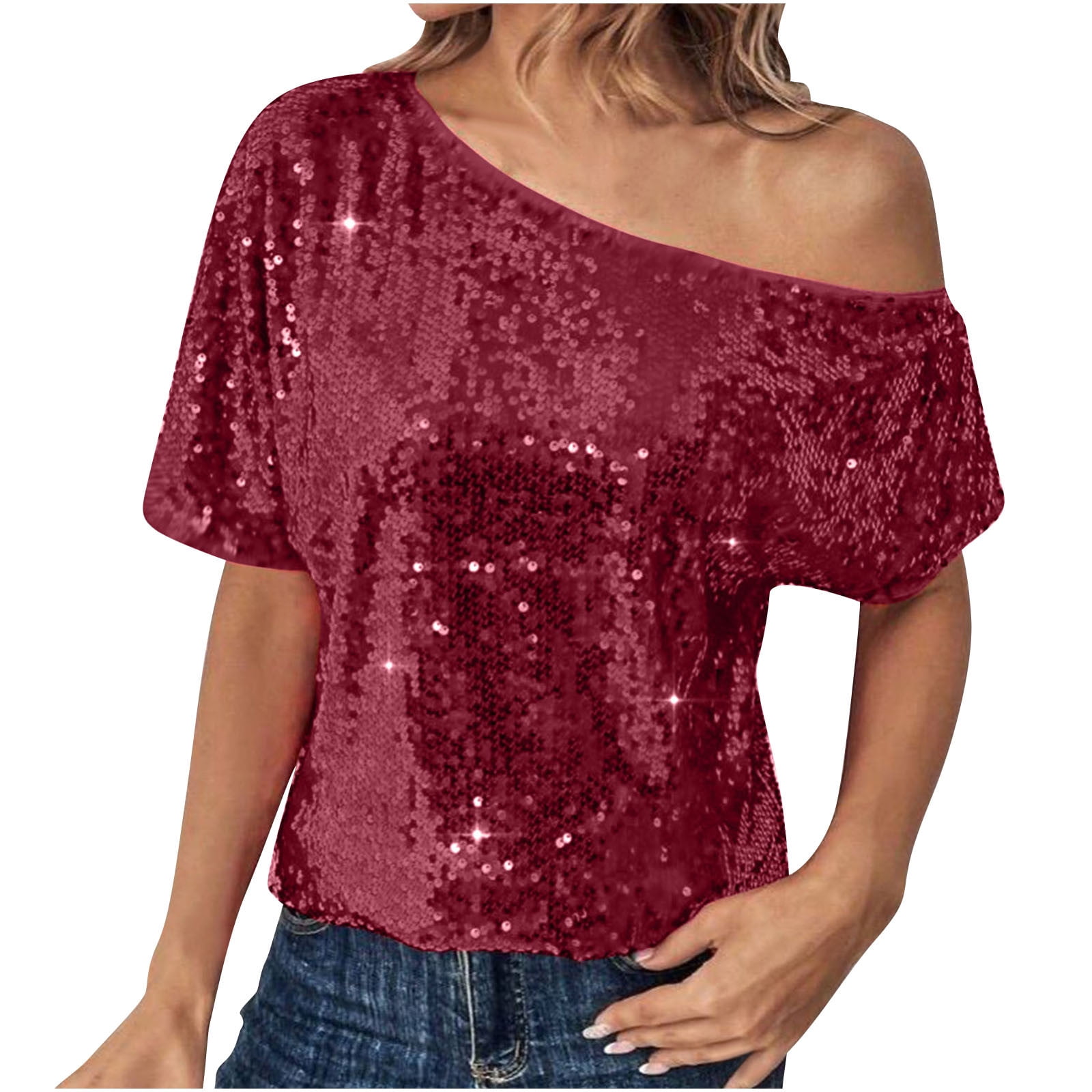 Fengactive Sequin Tops for Women One Shoulder Short Sleeve Sequins Sparkly Shirt Party Glitter ...
