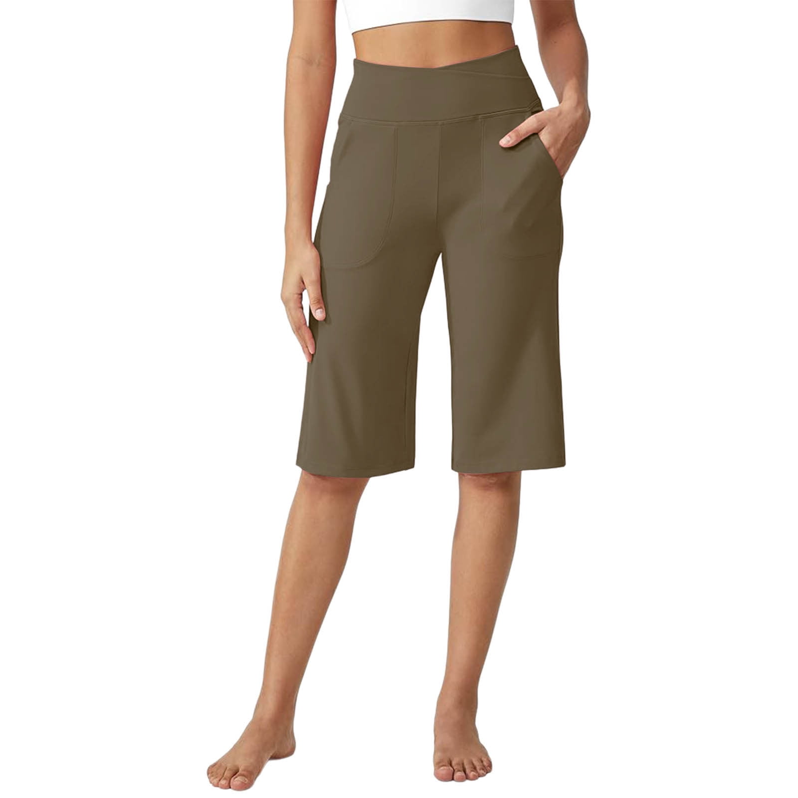Fengactive Solid Color Plus Size Yoga Half Pants for Women Straight Leg ...
