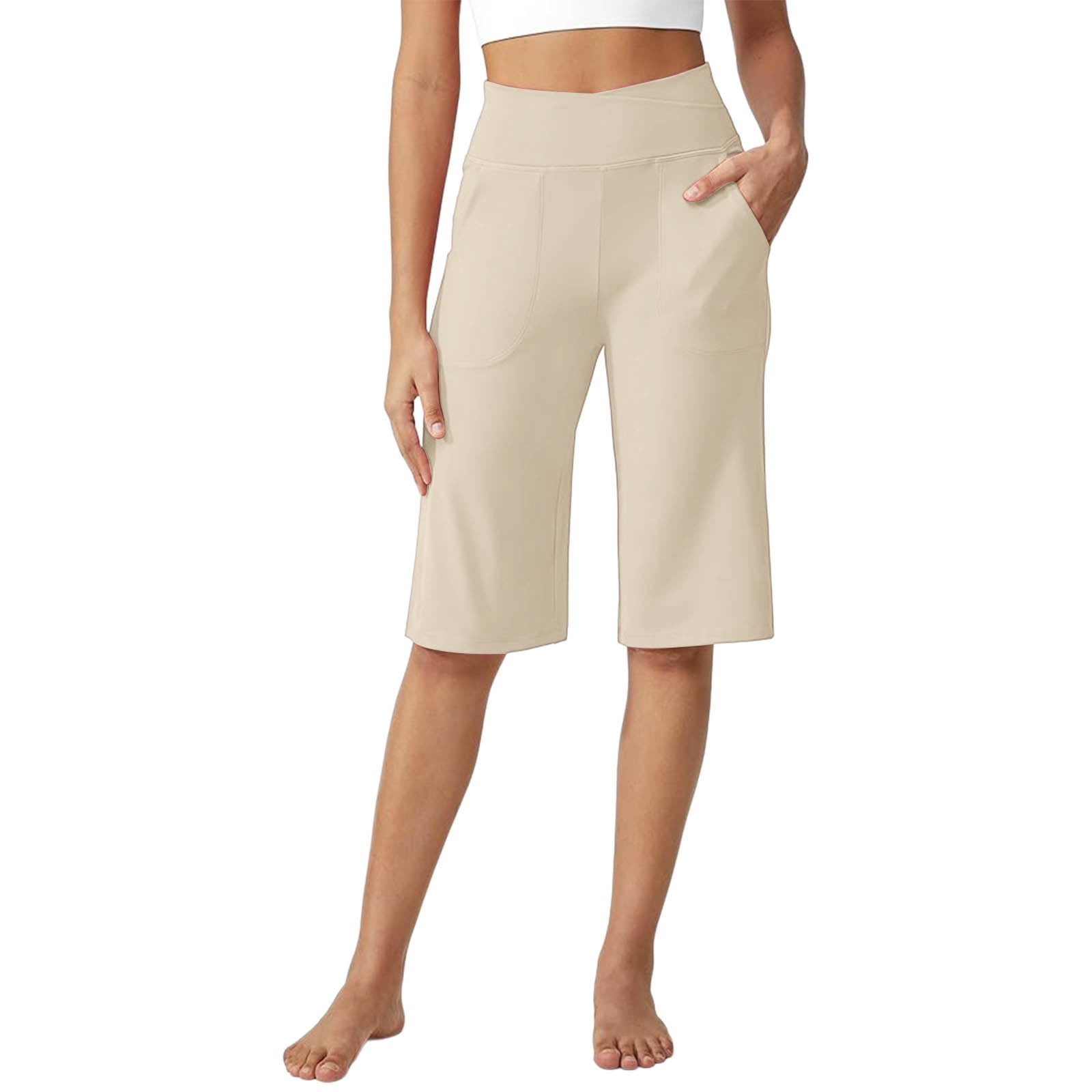 Fengactive Solid Color Plus Size Yoga Half Pants for Women Straight Leg ...