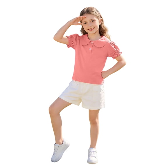 Fengactive Toddler Girls Cute Collar Puff Sleeve Tee Solid Breathable ...