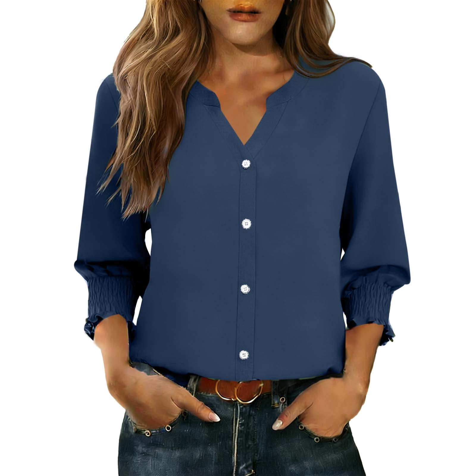 Fengactive V Neck Button Down Shirt for Women Lantern 3/4 Sleeve ...