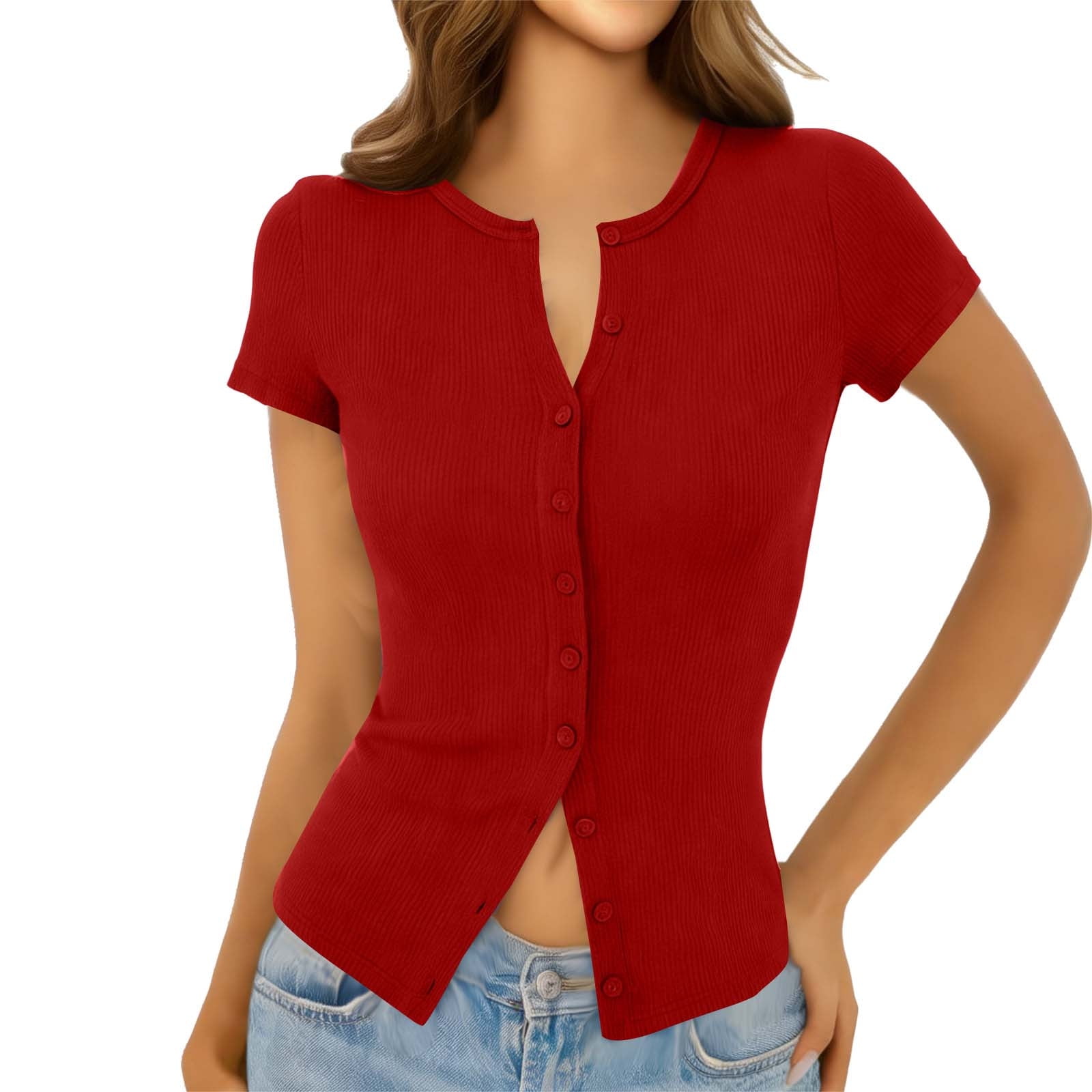Fengactive Women's Cap Sleeve V Neck Tops Button Down Shirt Ribbed Knit ...