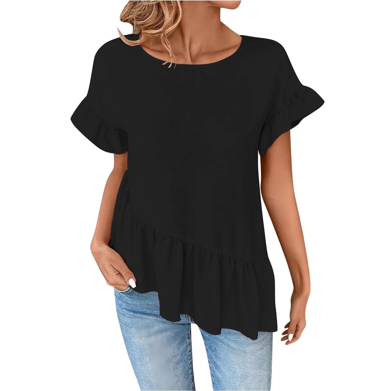 Fengactive Women's Crew Neck Ruffle Sleeve T Shirts Casual Summer Loose ...