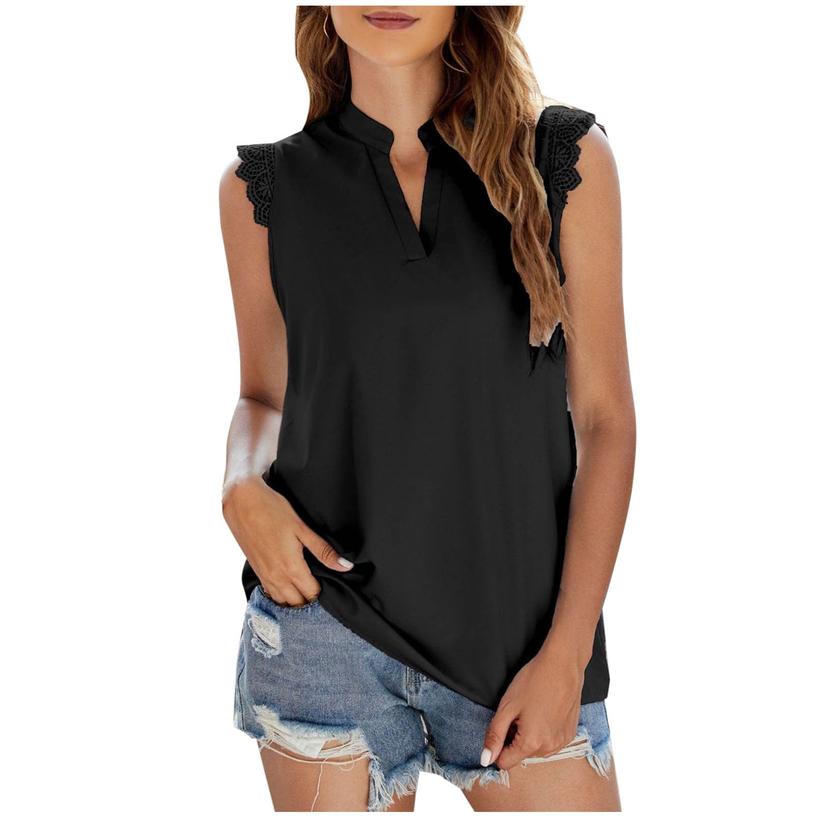 Fengactive Women's Elegant V Neck Sleeveless Blouse Summer Casual ...