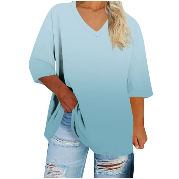 Fengactive Women's Gradient Color Printed Tops Loose V Neck 3/4 Length ...
