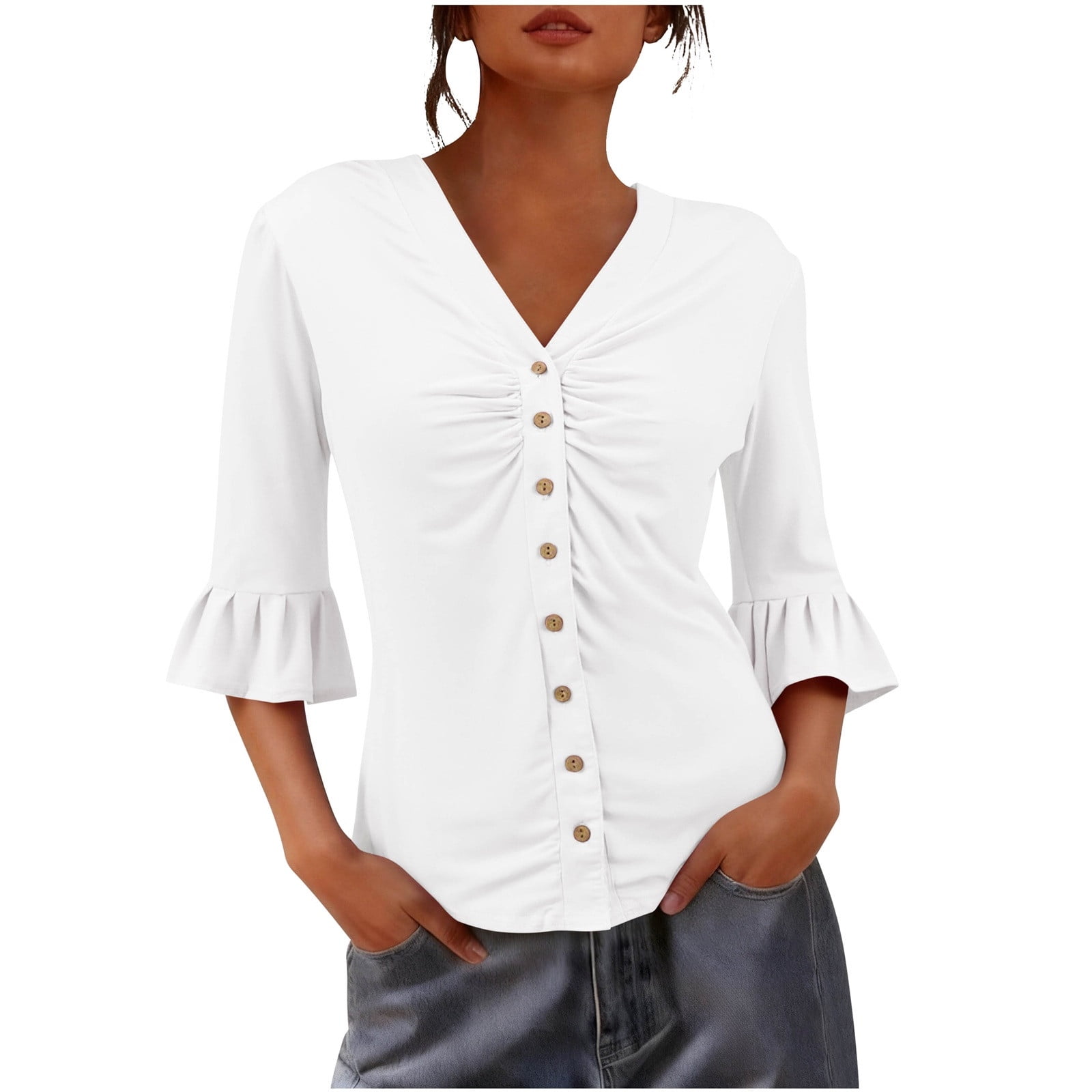 Fengactive Women's Half Ruffle Sleeve V Neck Button Down T Shirts ...