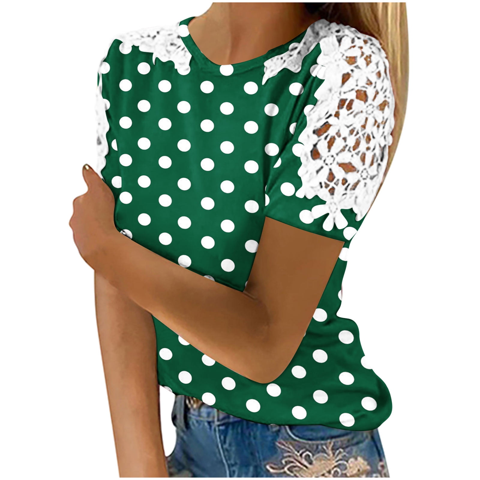 Fengactive Women's Lace Short Sleeve Blouses Polka Dot Shirts Cute ...