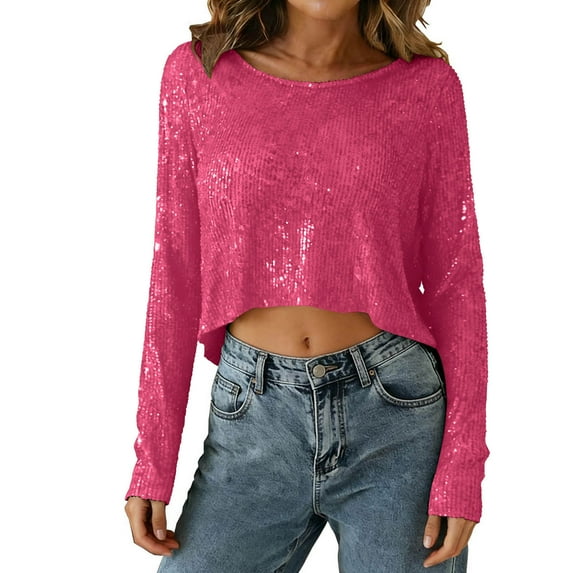 Fengactive Women's Long Sleeve Crew Neck Sequin Tops Sparkly Crop Top ...