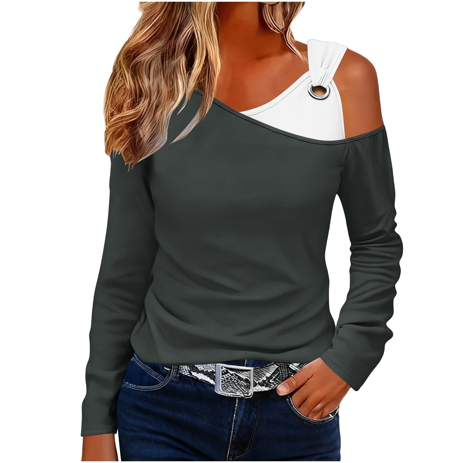 Fengactive Women's Long Sleeve Shirts Color Spliced Off Shoulder Buckle ...