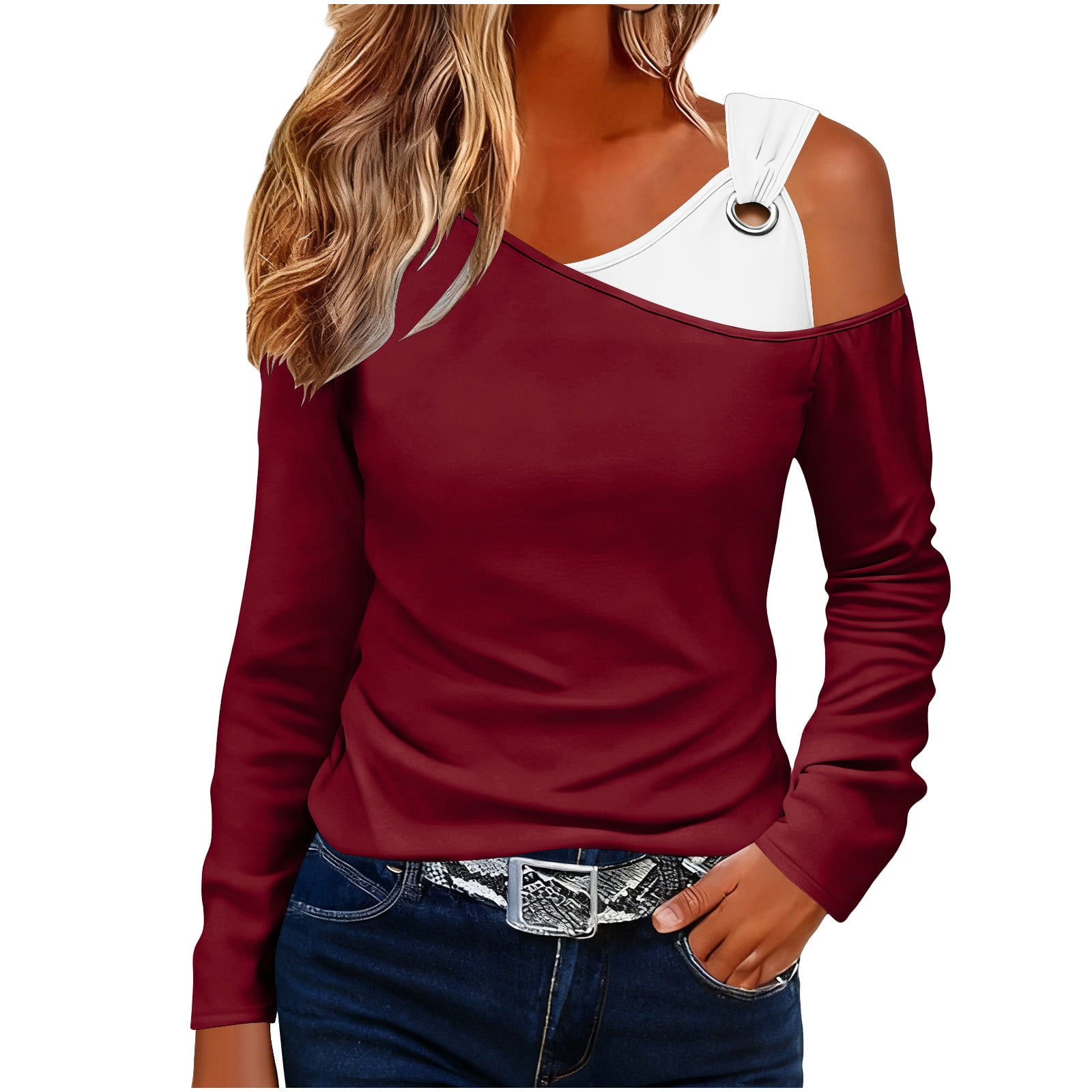 Fengactive Women's Long Sleeve Shirts Color Spliced Off Shoulder Buckle ...