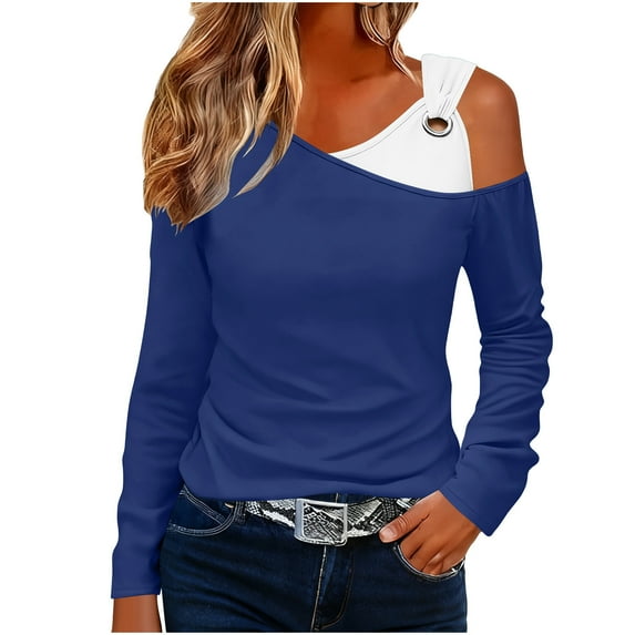 Fengactive Women's Long Sleeve Shirts Color Spliced Off Shoulder Buckle ...